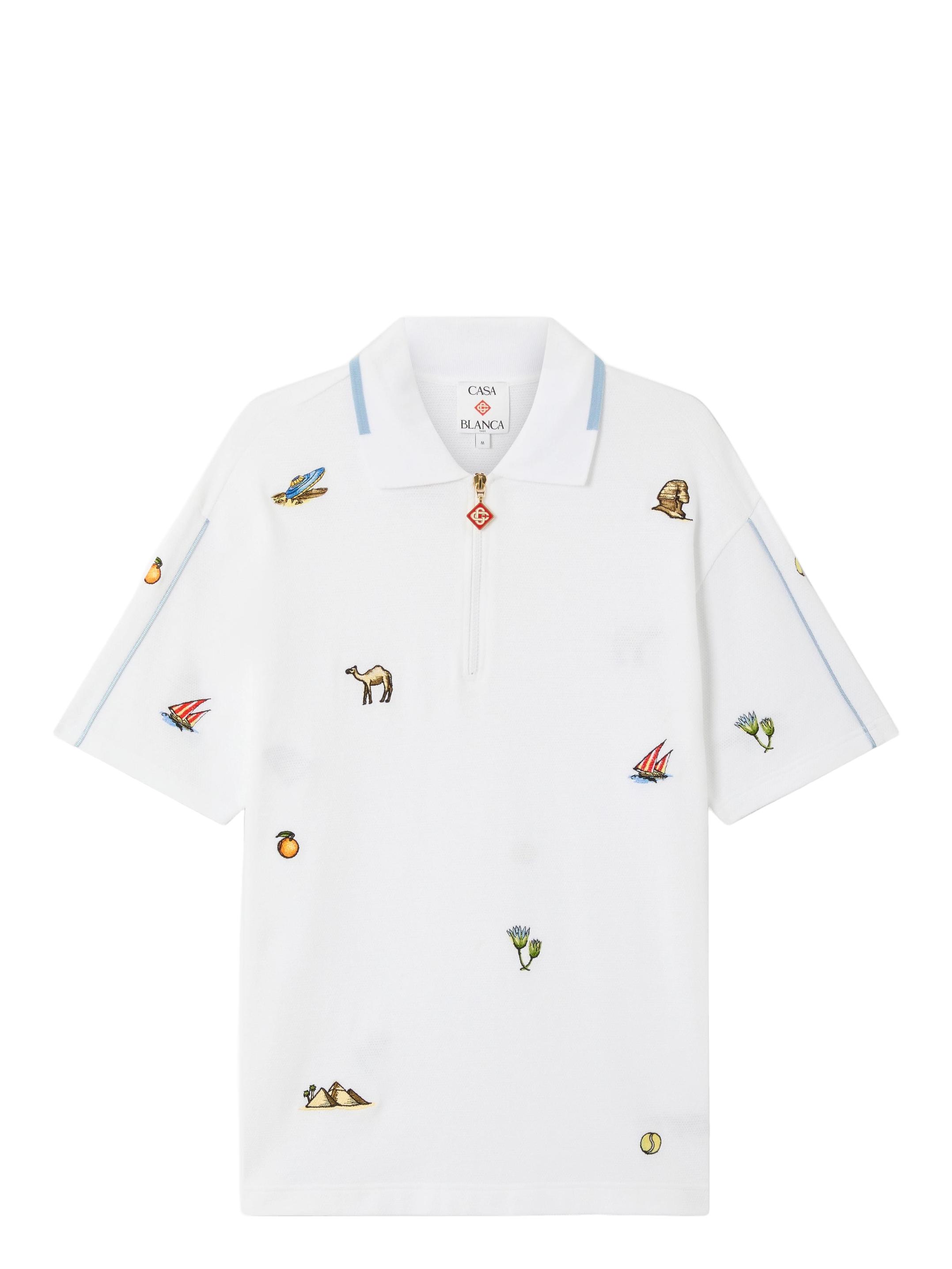 CASABLANCA white icon quarter zip embroidered short sleeve polo shirt 